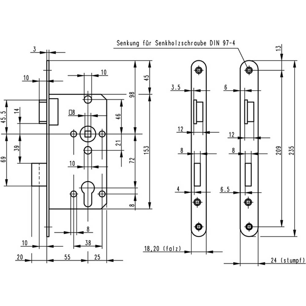 BKS - Einsteckschloss Stulp 20 mm, rund, DIN links, Falle und Riegel ...